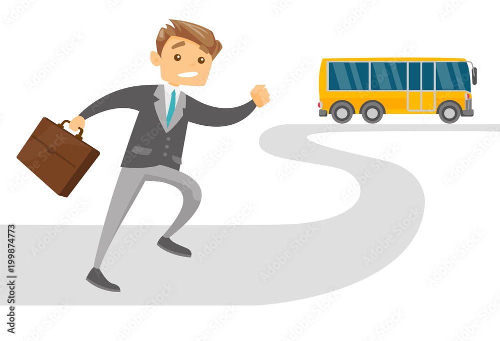 Caucasian white late businessman with briefcase running for an outgoing ...