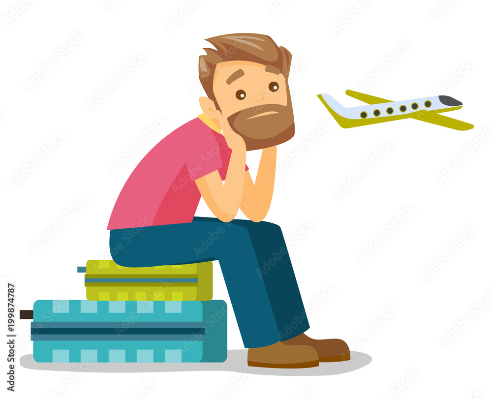 Young caucasian white airplane passenger frightened by future flight ...