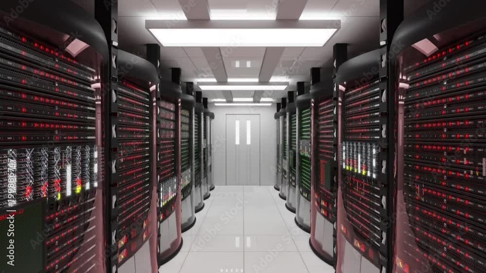 Modern working server room with rack servers. Cloud computing in ...
