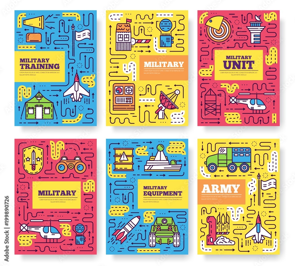 Thin line different rocket weapons brochure card set. Vehicles on ...