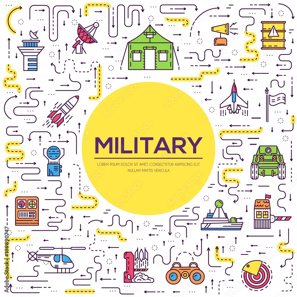 Thin line set of different rocket weapons and vehicles on military base ...
