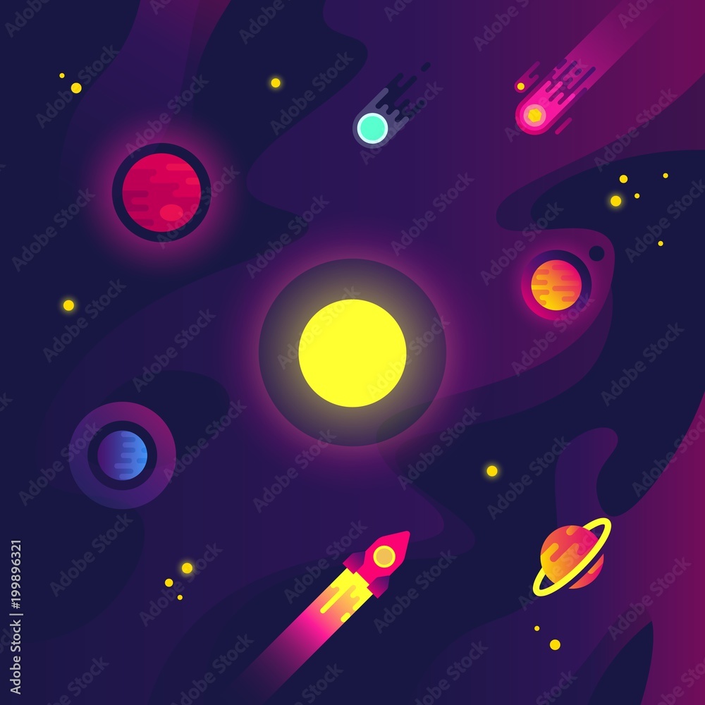 Cartoon space with spacecraft, small planets, meteorite and star in ...