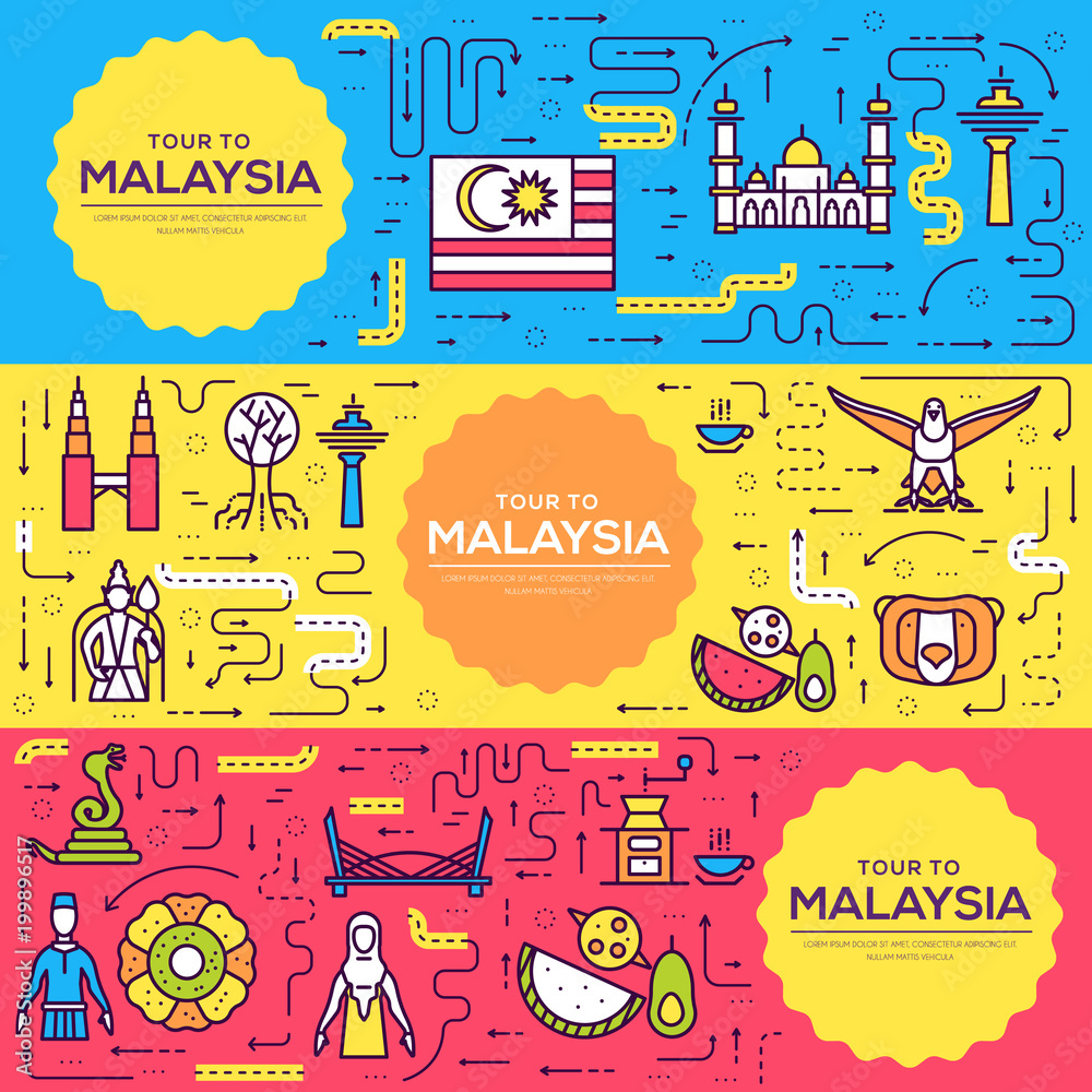 Country Malaysia travel vector brochure cards thin line. architecture ...