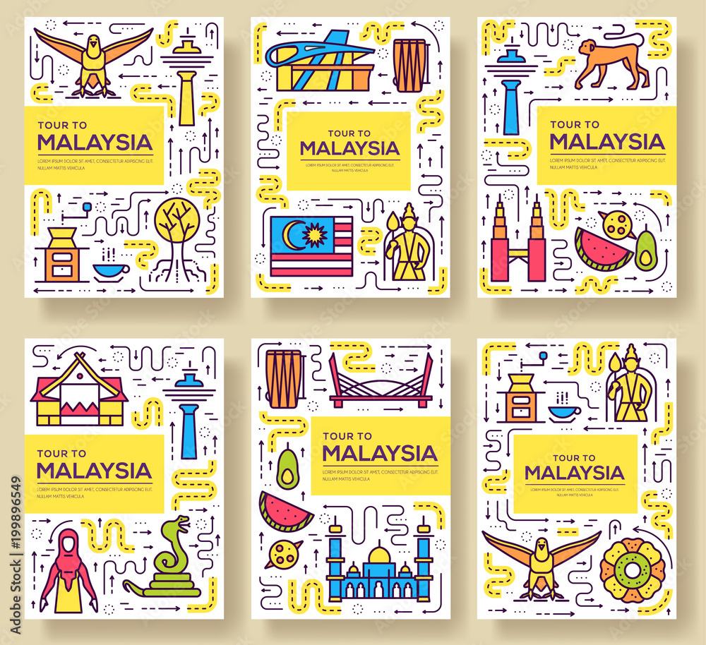 Country Malaysia travel vector brochure cards thin line. architecture ...