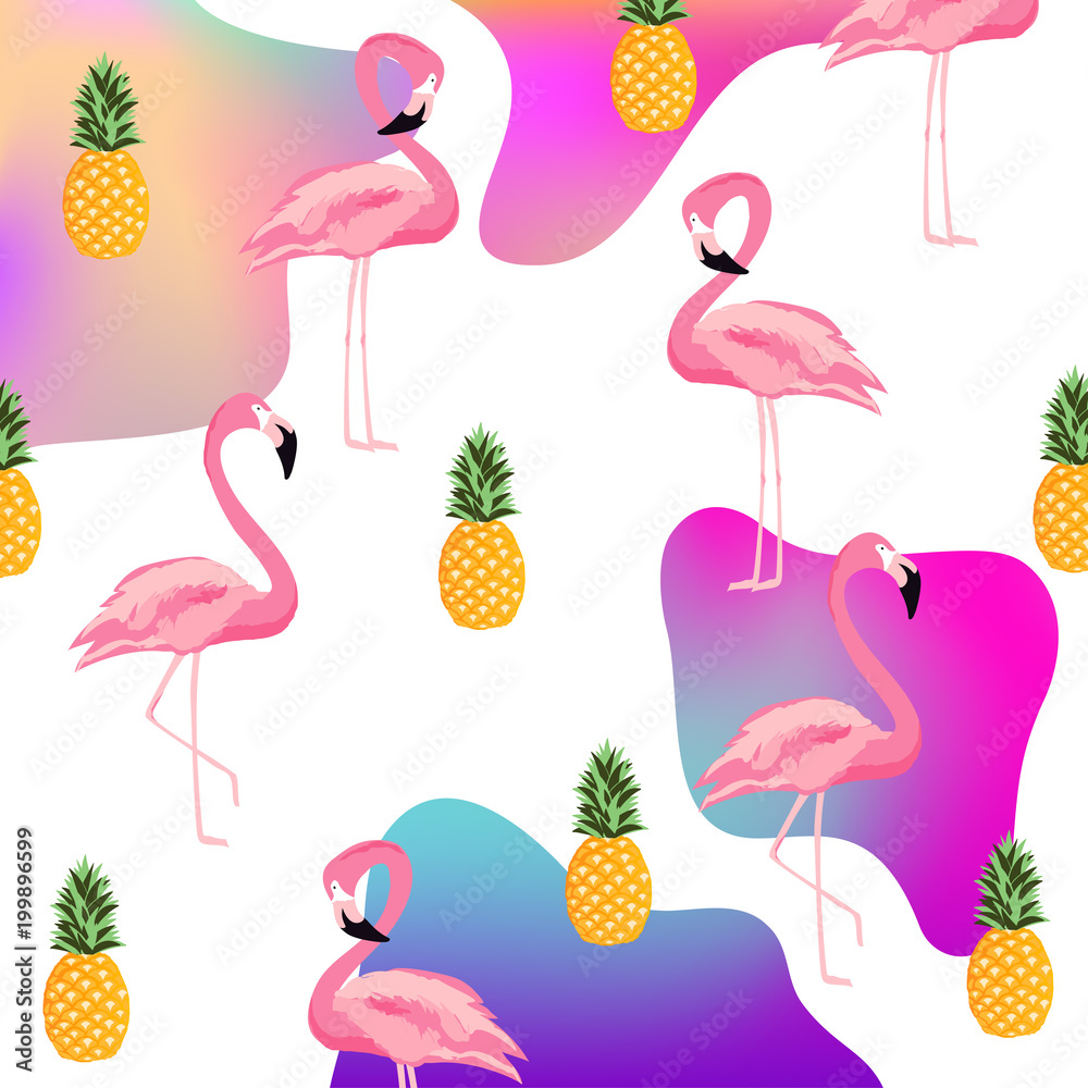 Trendy fluid flamingo and pineapple seamless pattern background. Summer ...