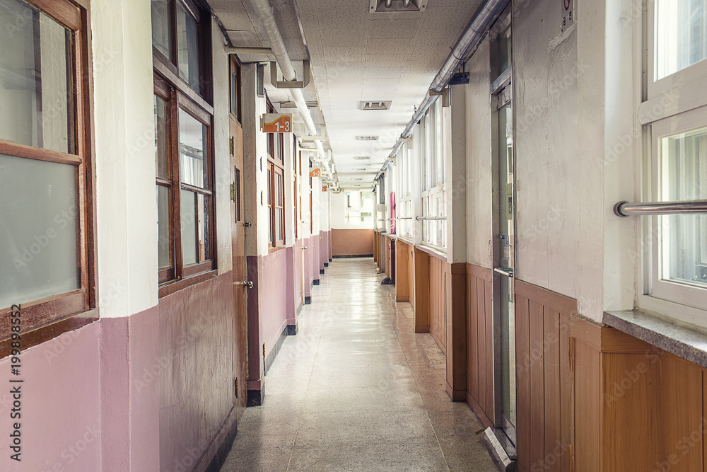 Pathway beside school classroom. There are signposts on the pictures ...