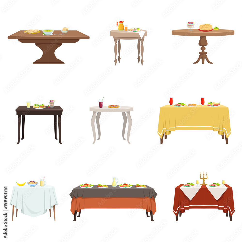 Flat vector set of wooden dinner tables with various food and drinks ...