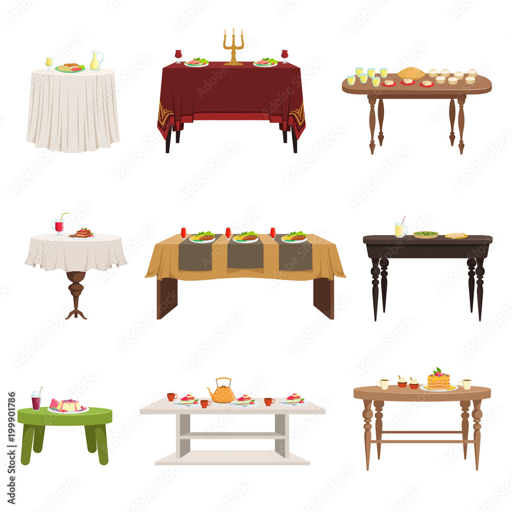 Flat vector set of different types of dining tables with served food ...