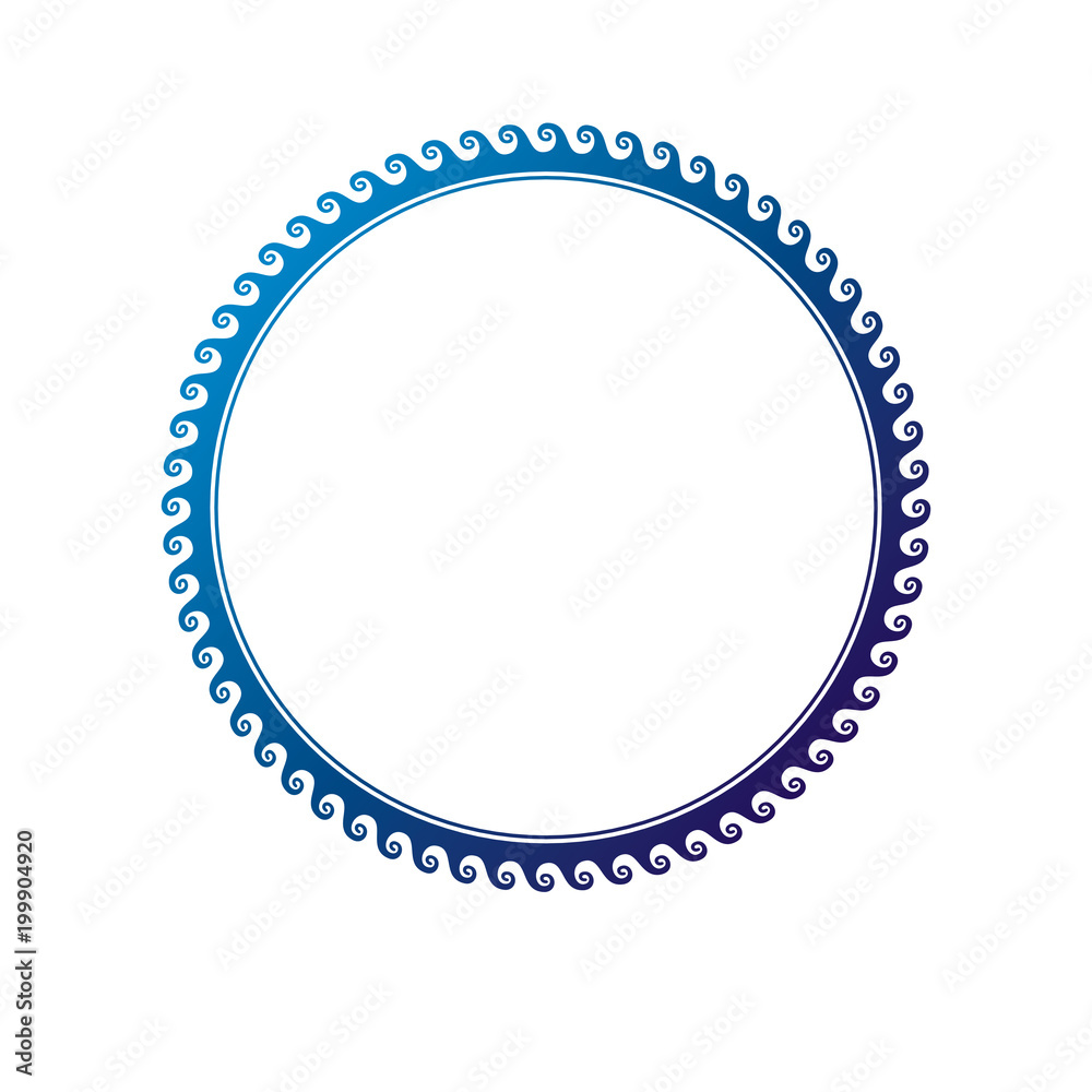 Vintage round frame created with marine ornament, blue sea waves ...