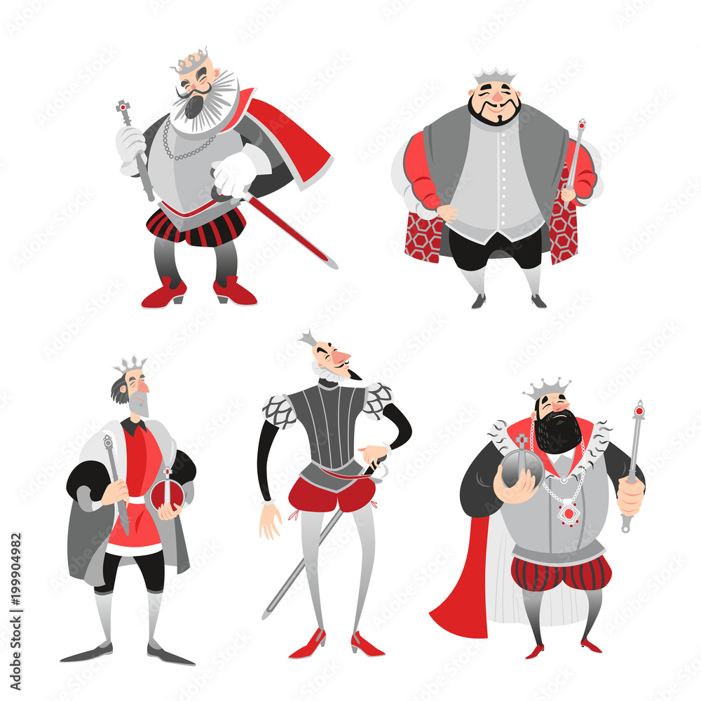 Set of vector illustrations of funny cartoon kings in historical ...