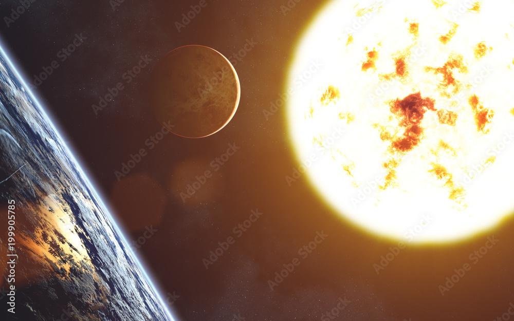 Red giant star. Solar system. Sun. Earth landscape. Venus. Image in 5K ...