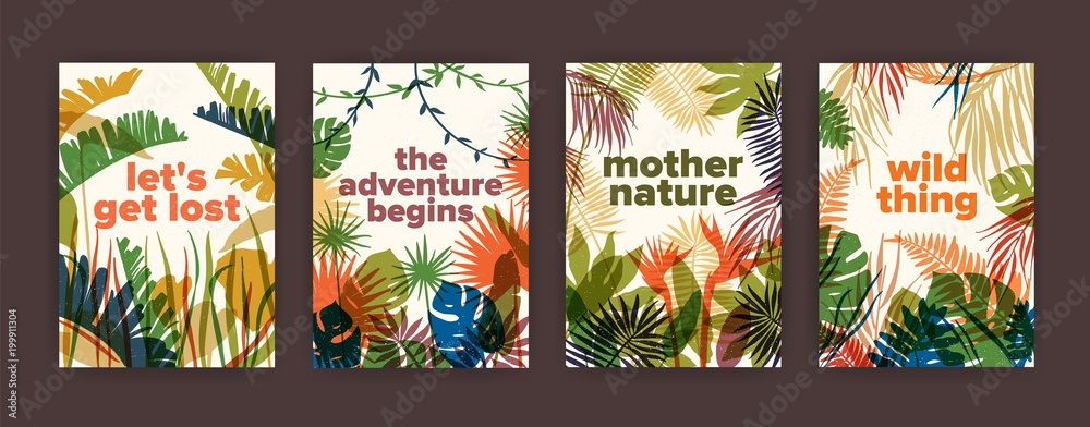 Bundle of poster templates with colorful translucent leaves of tropical ...