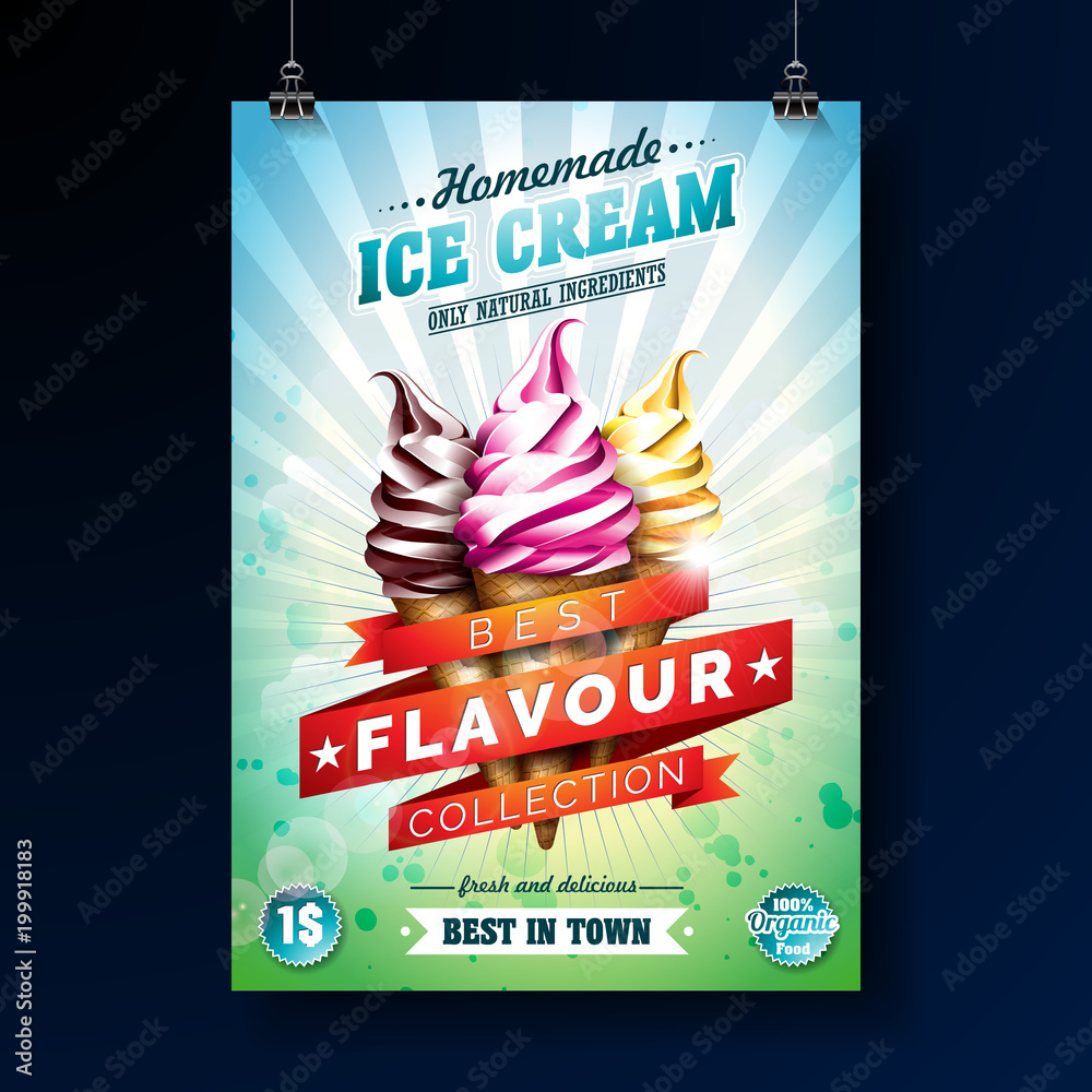 Ice cream Poster design with delicious dessert and labelled ribbon on ...