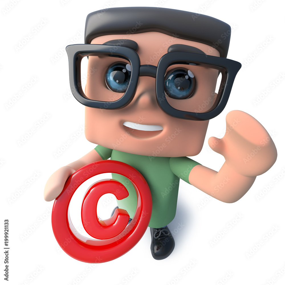 3d Funny cartoon nerd geek character holding a copyright symbol Stock ...