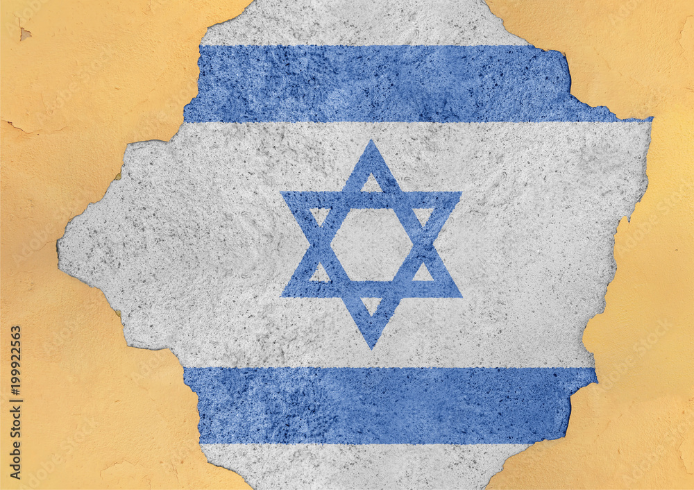 Israel flag in big concrete cracked hole and broken material facade ...