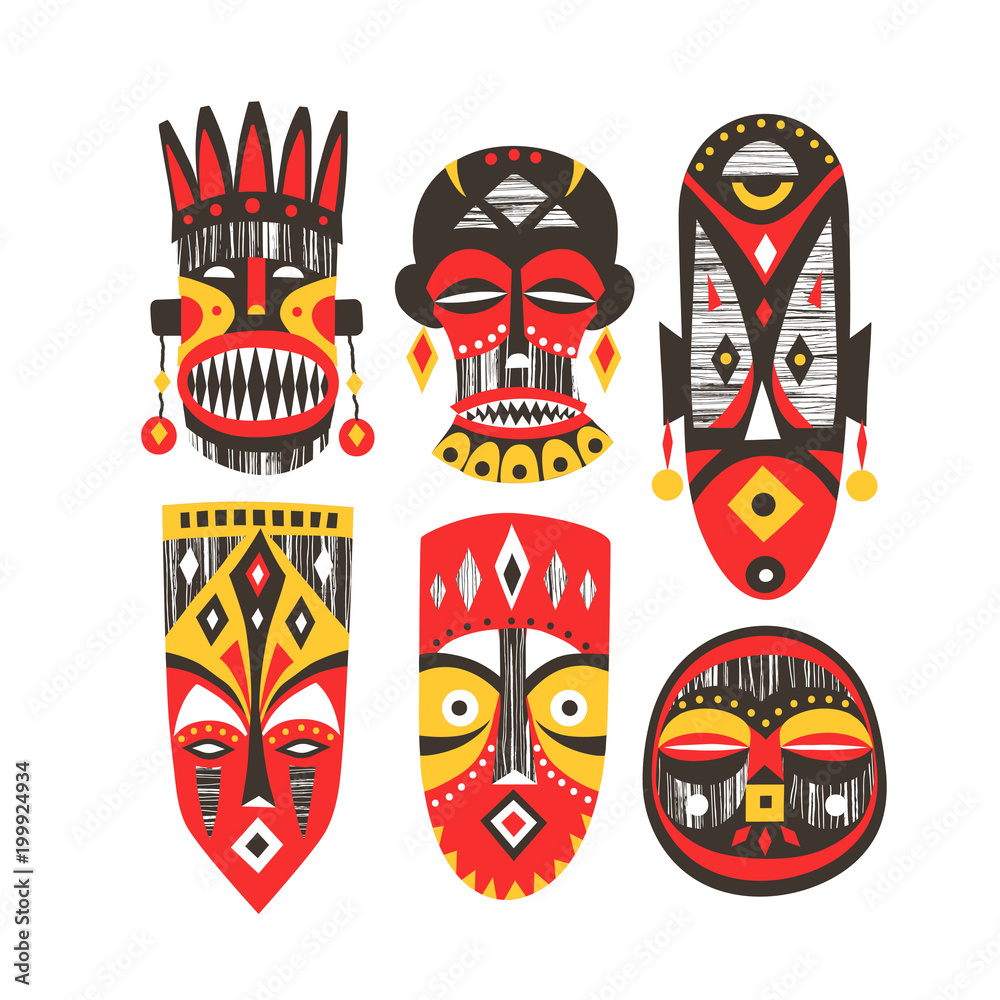 Vector collection of hand-drawn African masks with textures. Stock ...