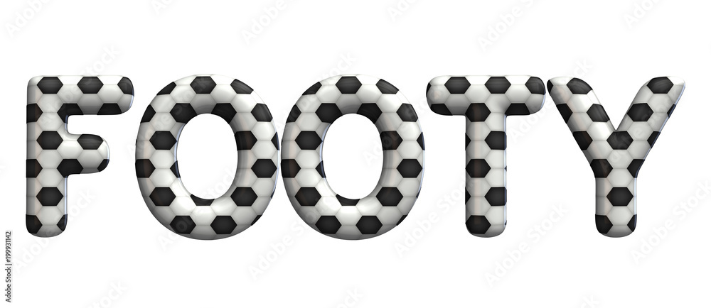Footy word made from a football soccer ball texture. 3D Rendering Stock ...