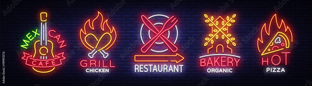 Bright neon symbols for food. Collection Design Elements, Neon Signs ...
