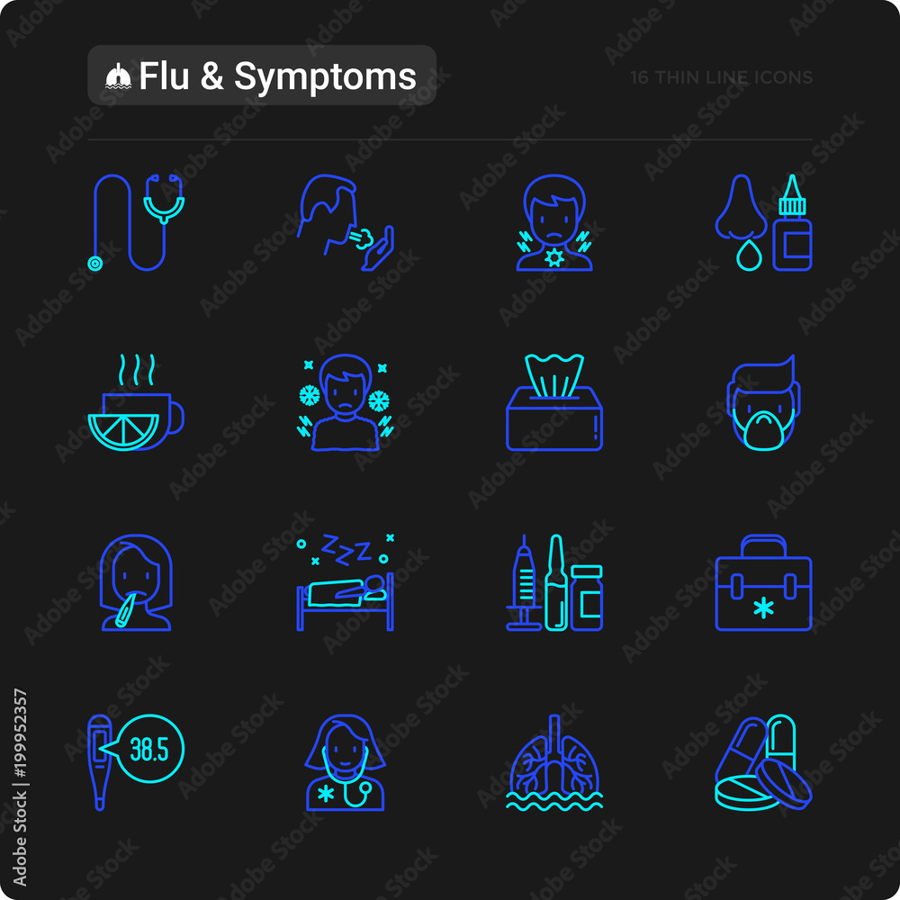 Flu and symptoms thin line icons set: temperature, chills, heat, runny ...