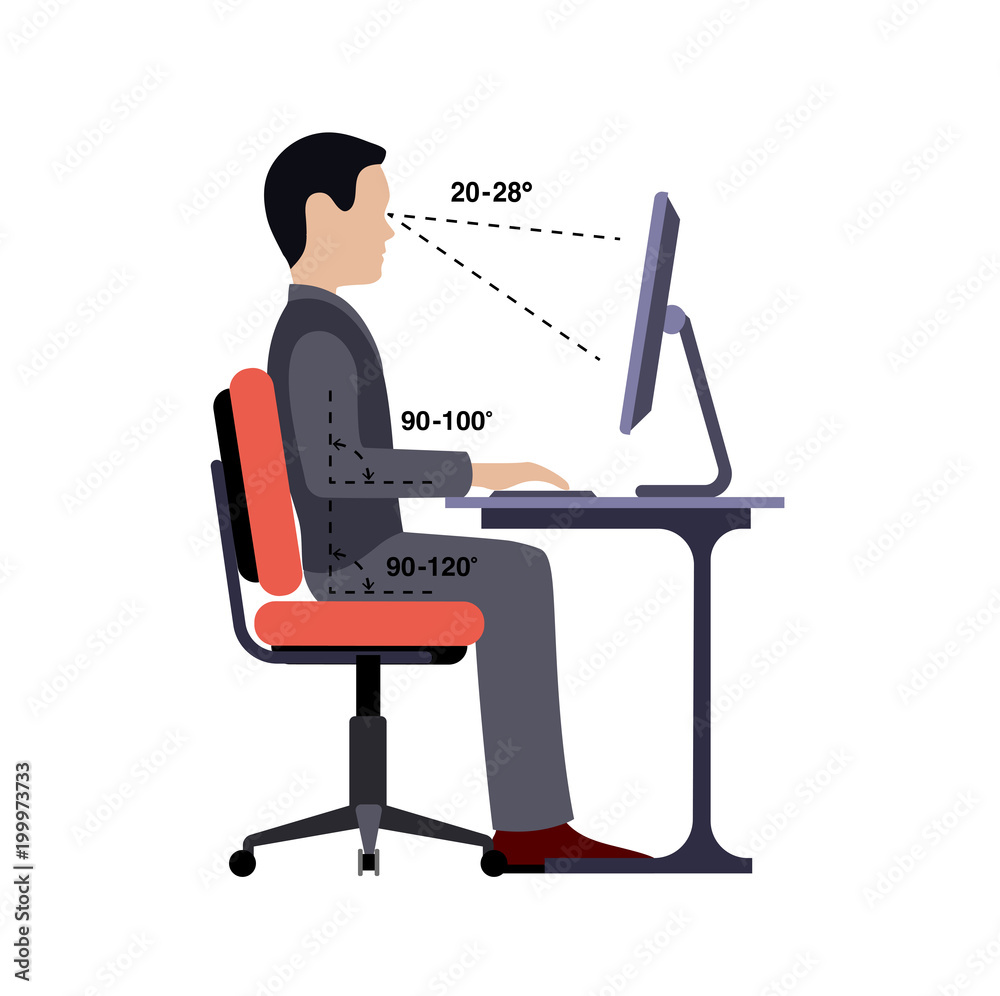 Infographics correct posture at the computer silhouette of a man at a ...