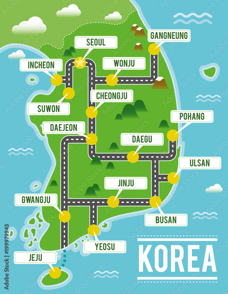 Cartoon vector map of South Korea. Travel illustration with south ...