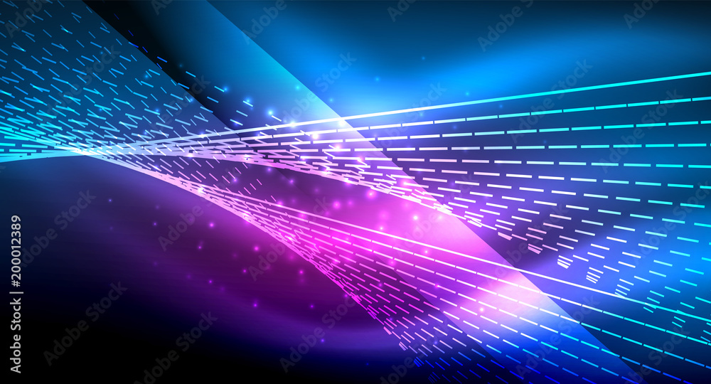 Smooth light effect, straight lines on glowing shiny neon dark ...