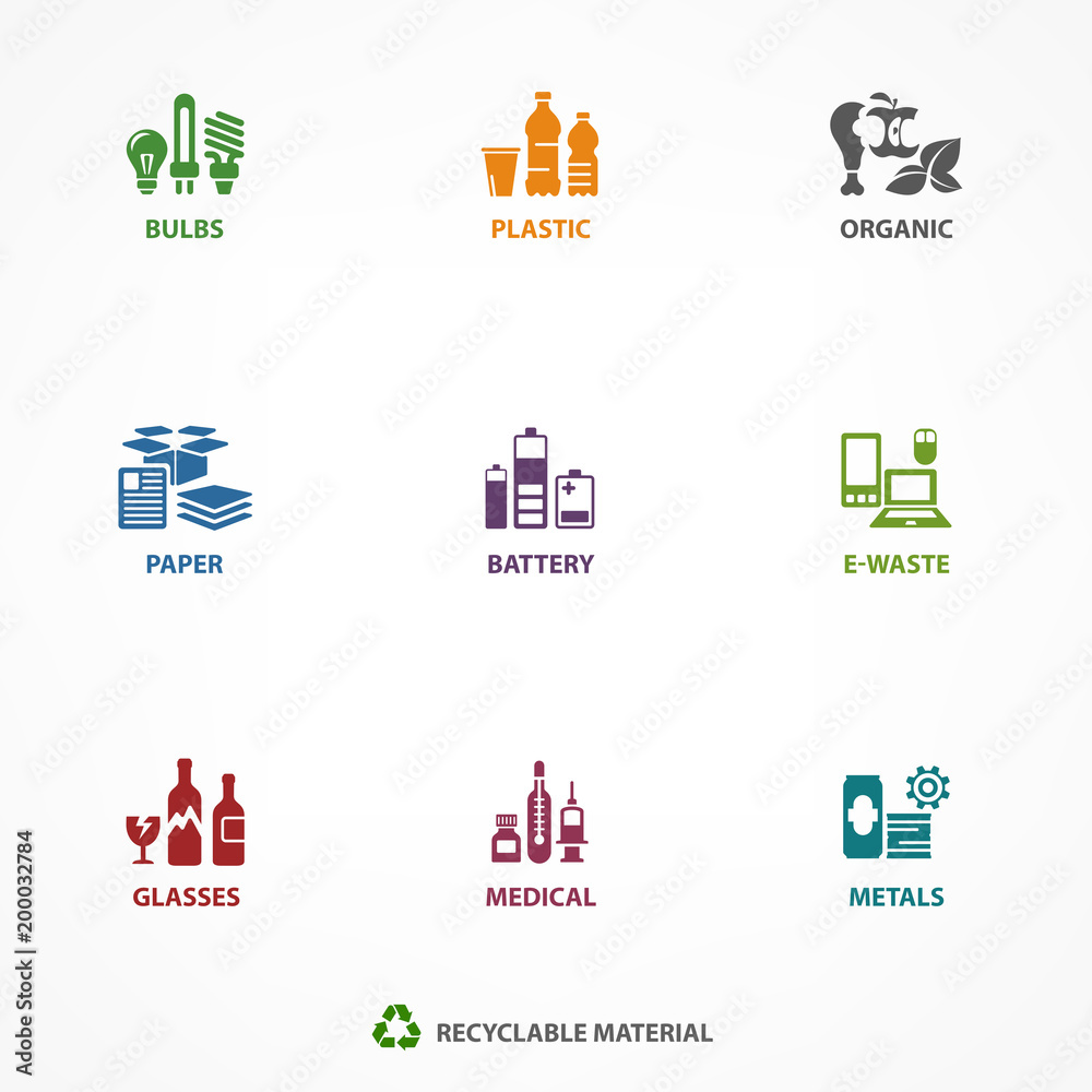 Poster Garbage waste recycling icons, line symbols of different sorting ...