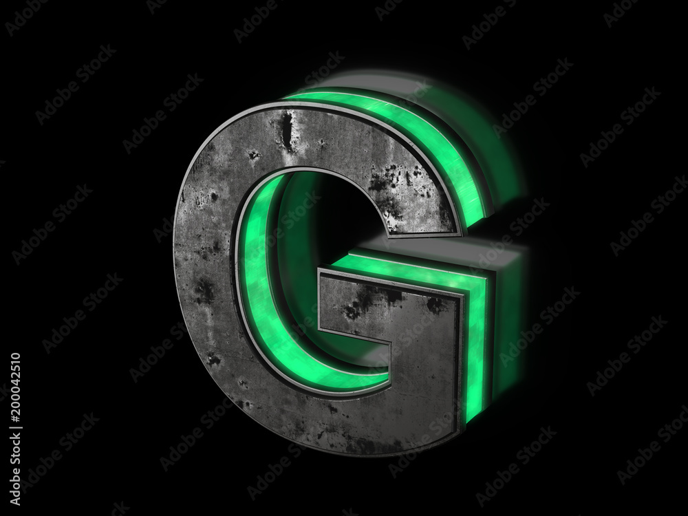 Futuristic letter G - volumetric rusty metal letter with green light ...