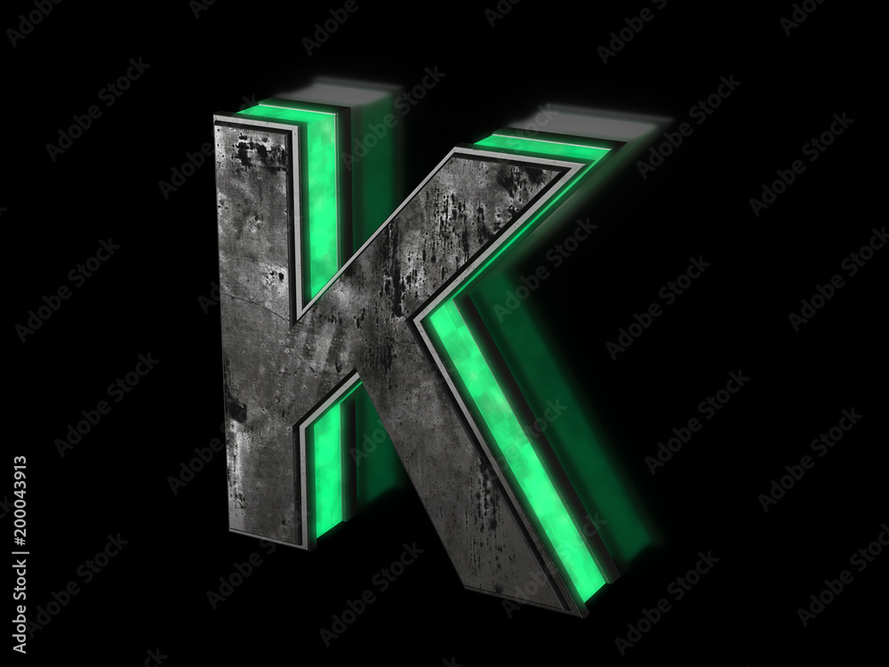 Futuristic letter K - volumetric rusty metal letter with green light ...