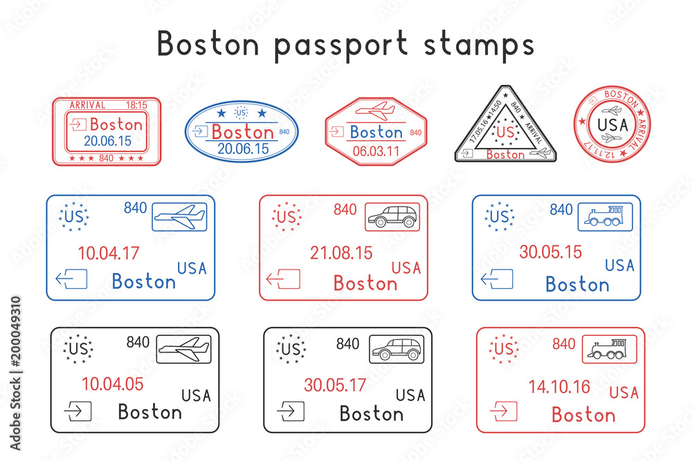 Passport stamps. Boston, USA. Arrival and departure by car, train ...