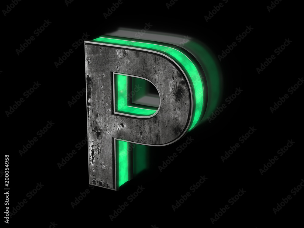 Futuristic letter P - volumetric rusty metal letter with green light ...