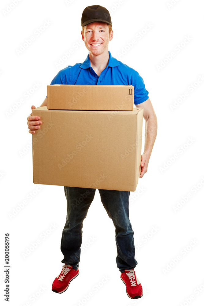 Paketbote mit Paket bei Lieferung Stock Photo | Adobe Stock