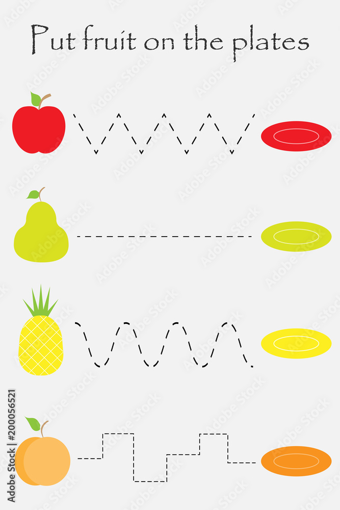 Vetor de Put fruit on the plates, handwriting practice sheet, kids ...