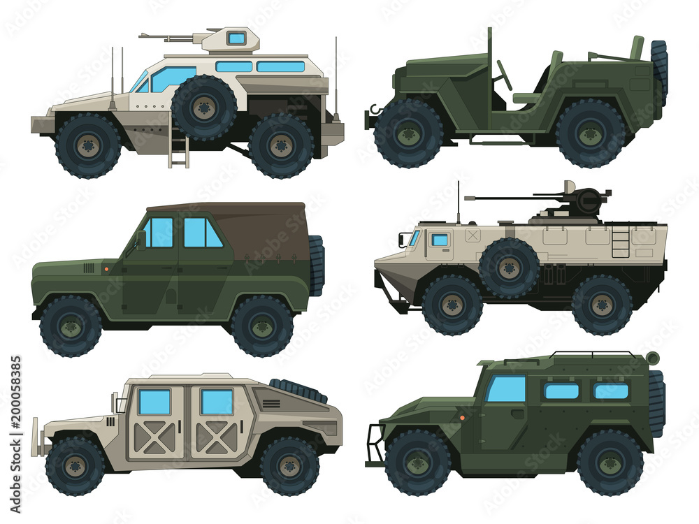 Army vehicles set. Colored vector illustrations Stock Vector | Adobe Stock