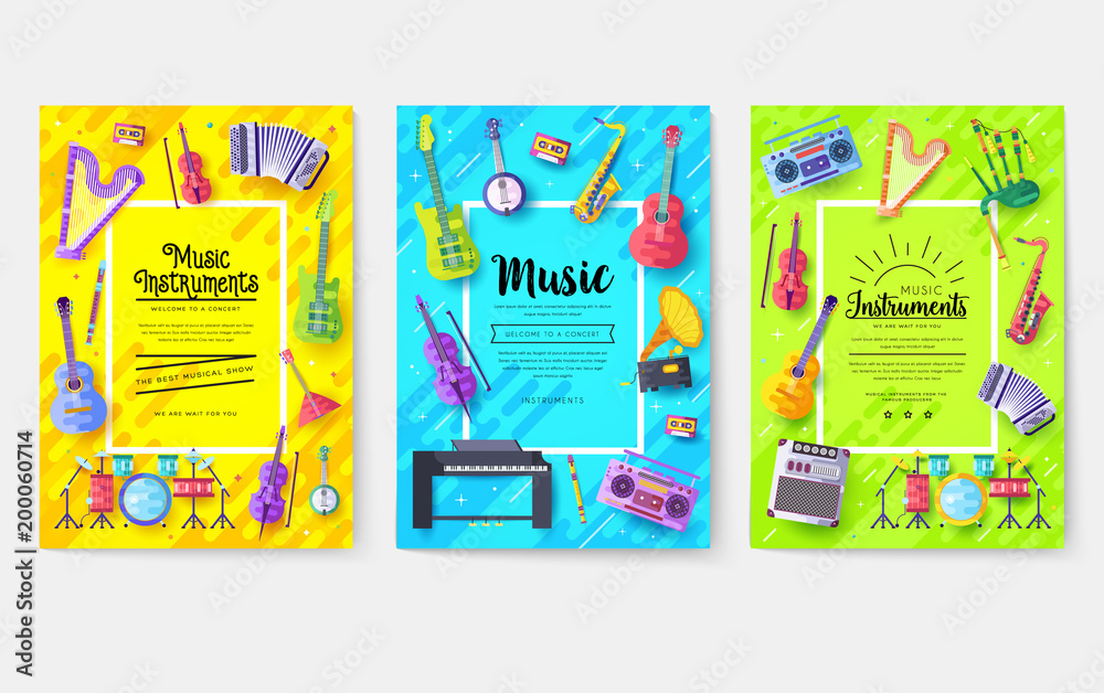 Music instruments vector brochure cards set. Audio tools template of ...