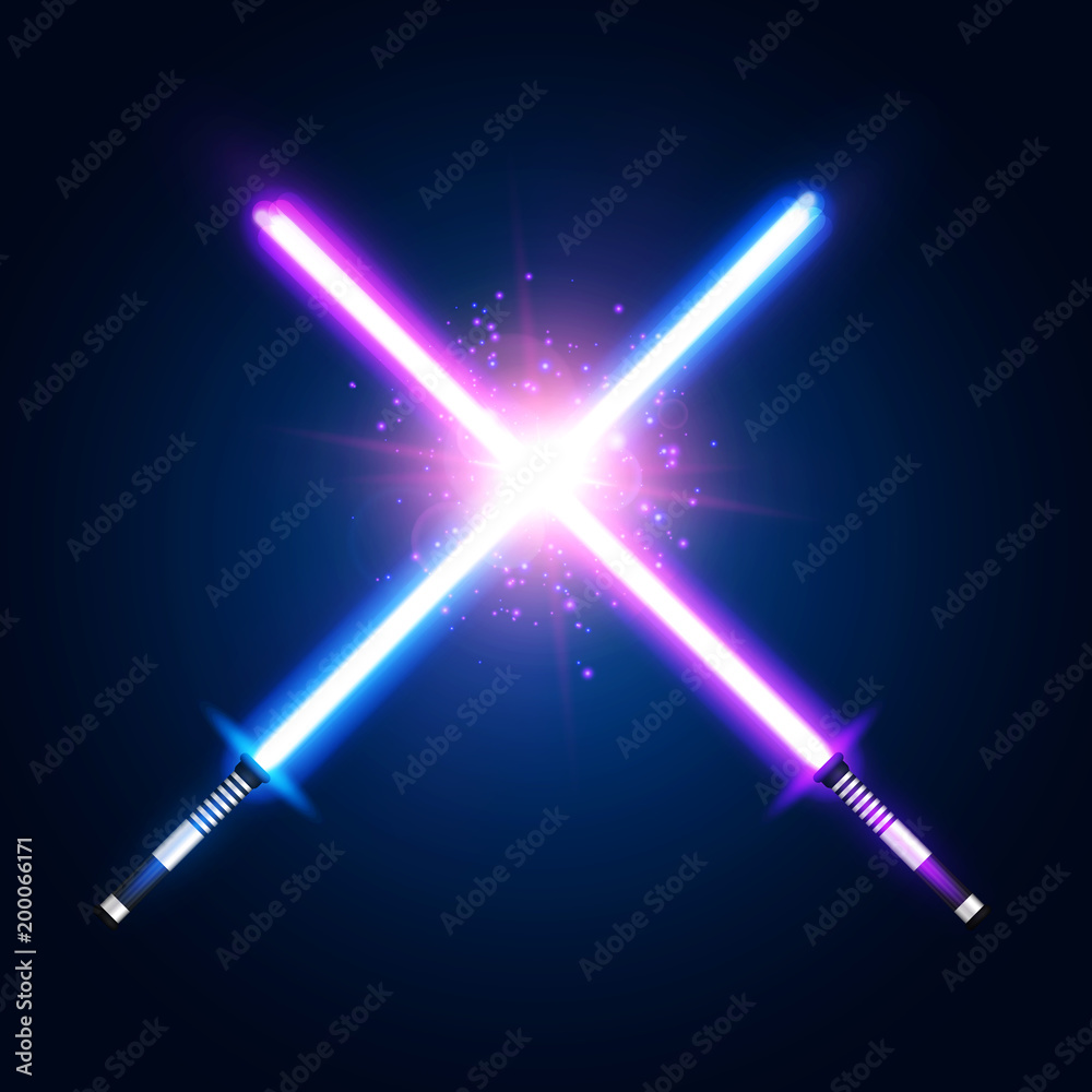Vetor de Purple violet and blue crossed light neon swords with ...