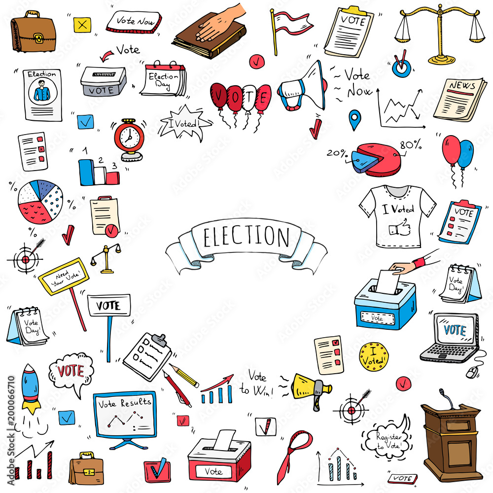 Hand drawn doodle Vote icons set. Vector illustration. Election symbols ...