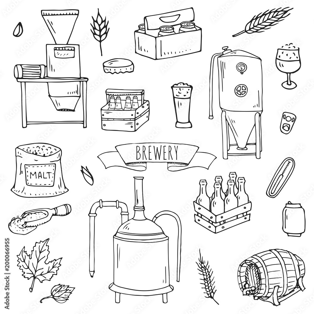 Hand drawn doodle set of Brewery icons. Vector illustration set ...
