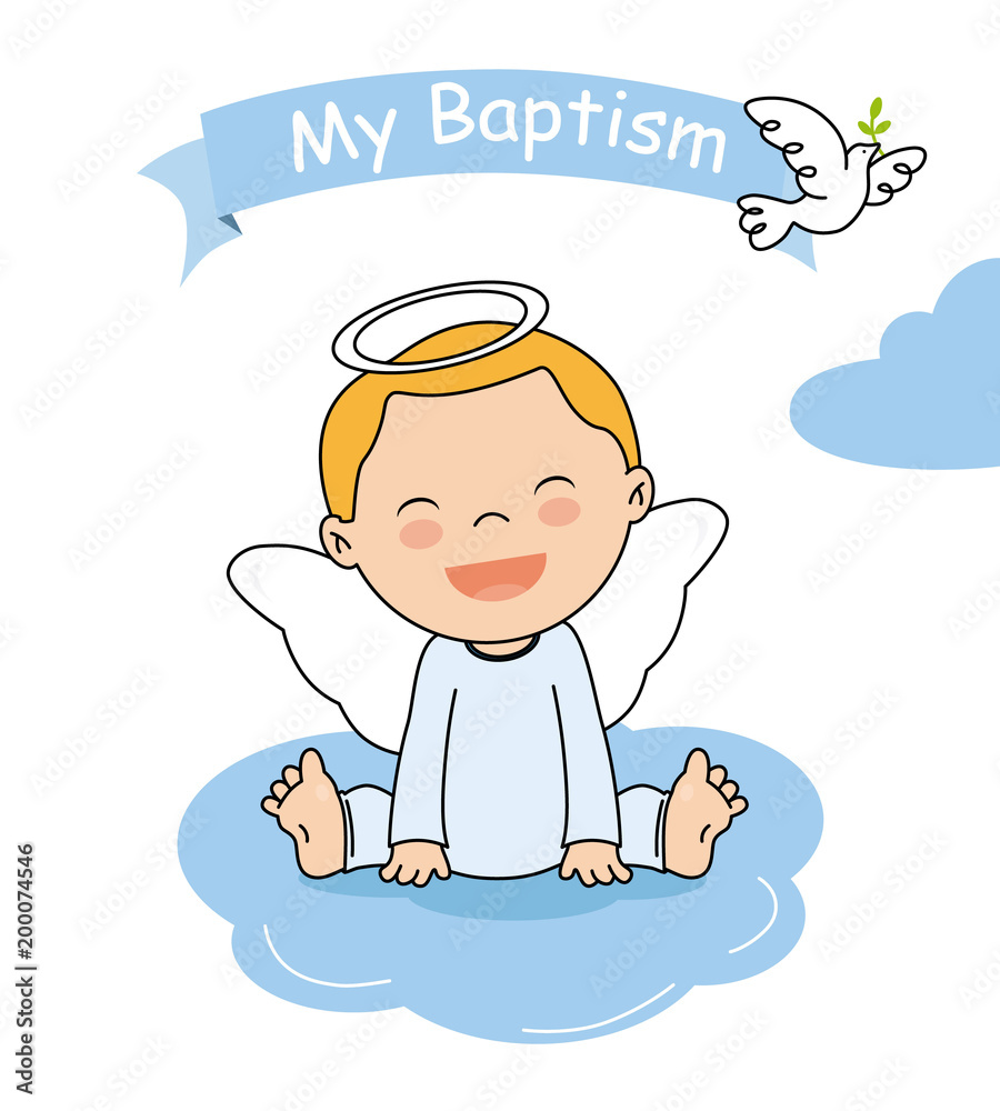 baptism invitation card. Smiling angel boy sitting on a cloud Stock ...