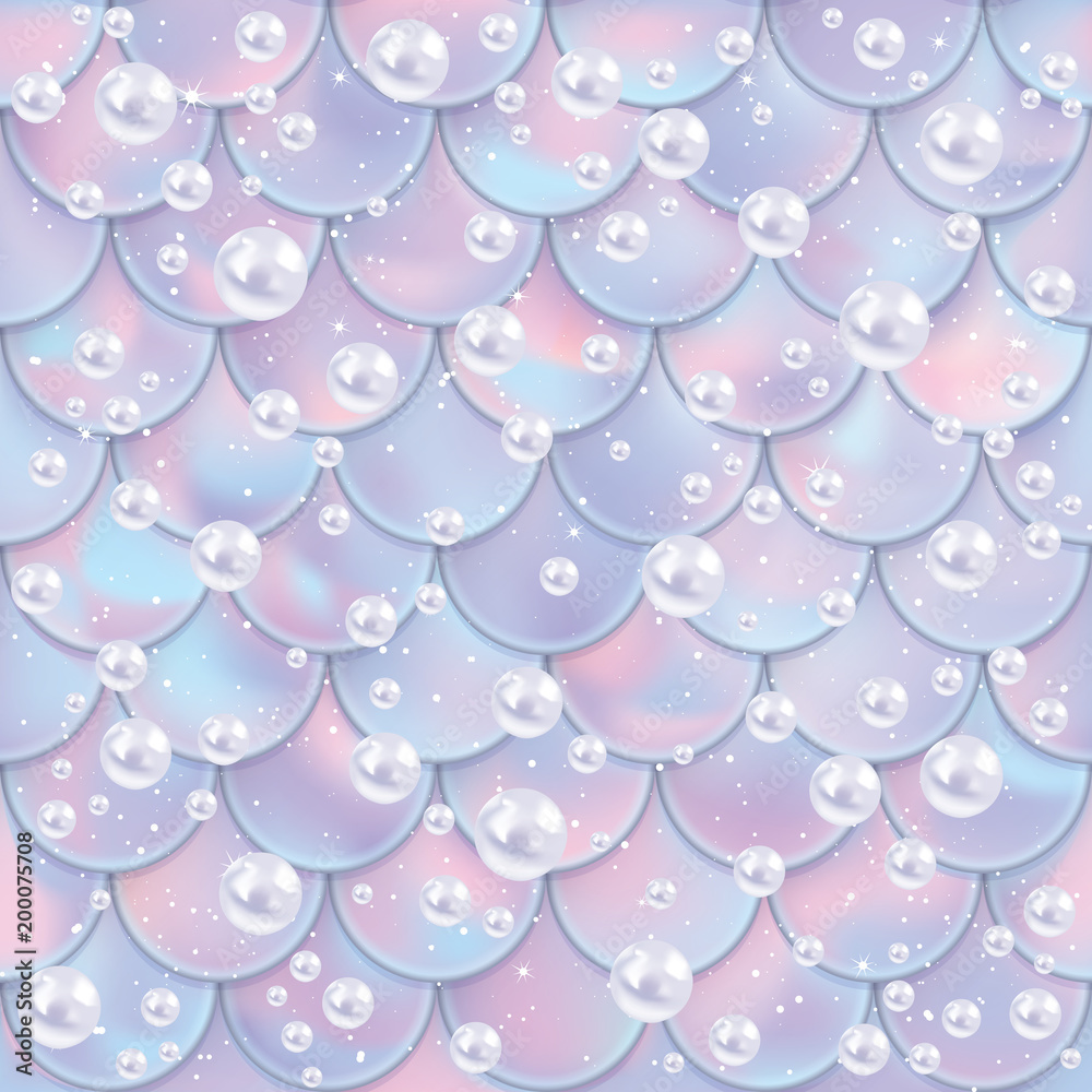 Fish scales and pearls seamless pattern. Mermaid tail texture. Vector ...