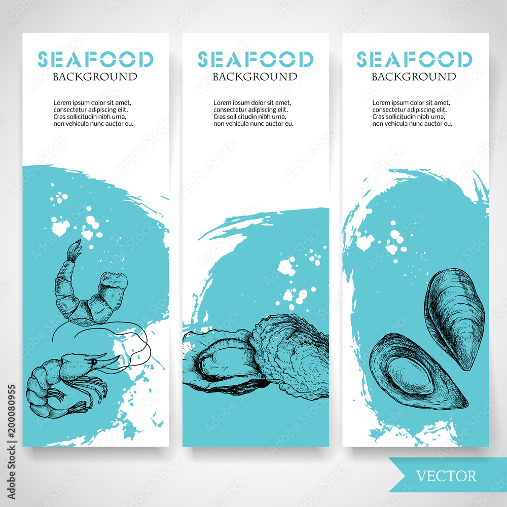 Seafood banner with watercolor blue background and hand drawn food ...
