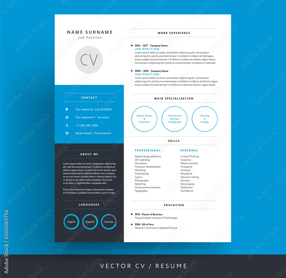 Blue CV / resume template background color minimalist vector cv Stock ...