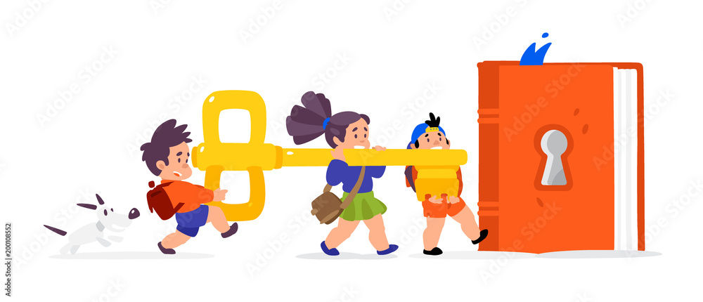 Illustration of cartoon children. Children open a book, knowledge ...