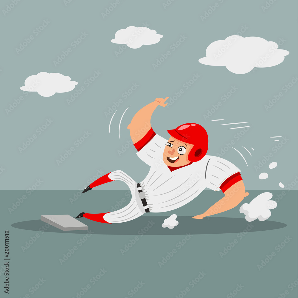Baseball runner player sliding home base. Cartoon character of a man in ...