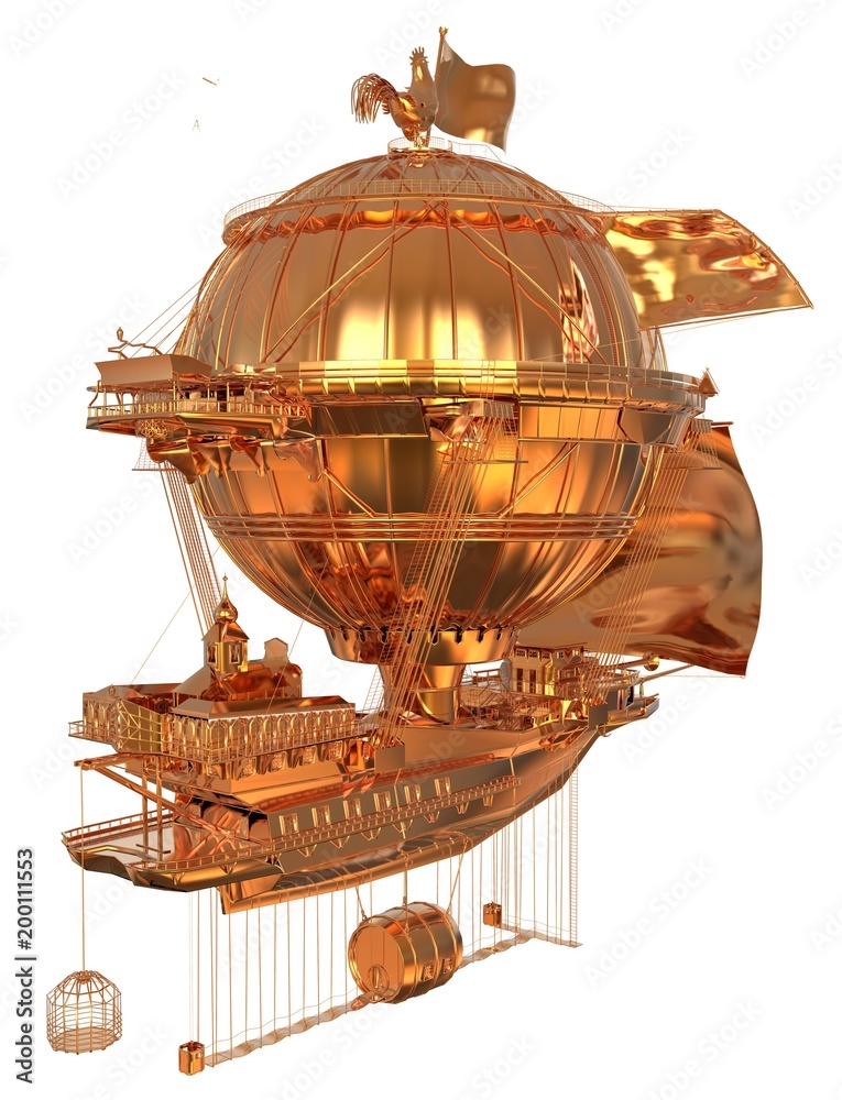 Golden Fantasy Airship Zeppelin Dirigible Balloon 3D illustration ...