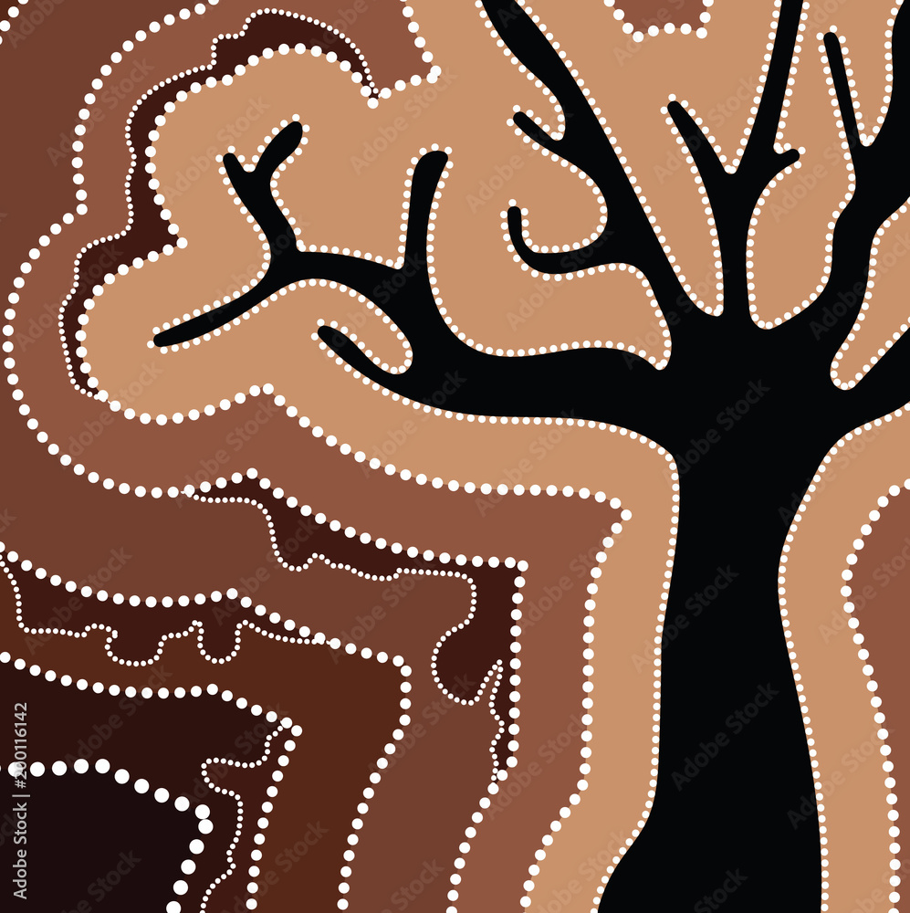 Aboriginal art vector painting with tree. Illustration based on ...