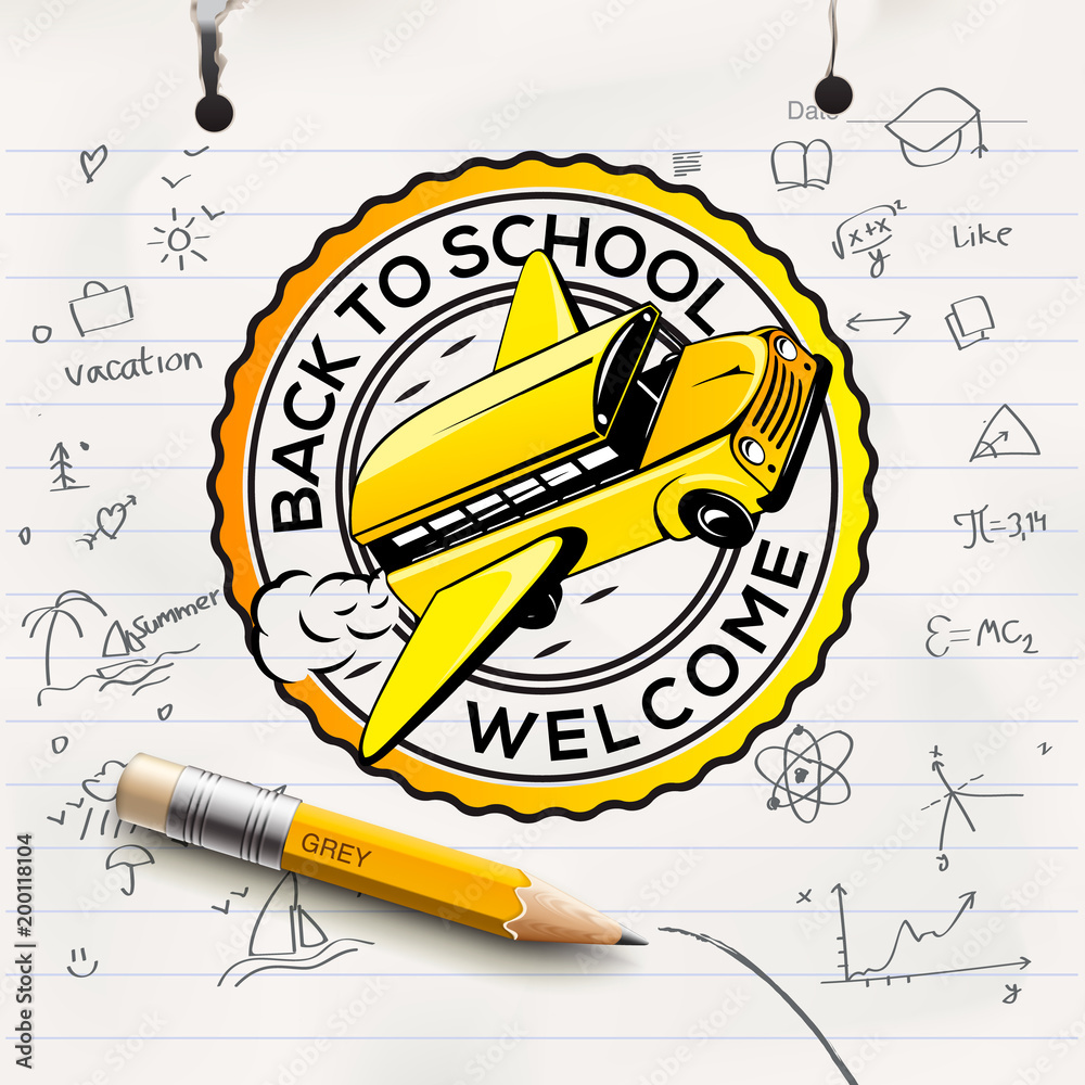 Welcome Back to school logo, school notebook paper sheet, freehand ...