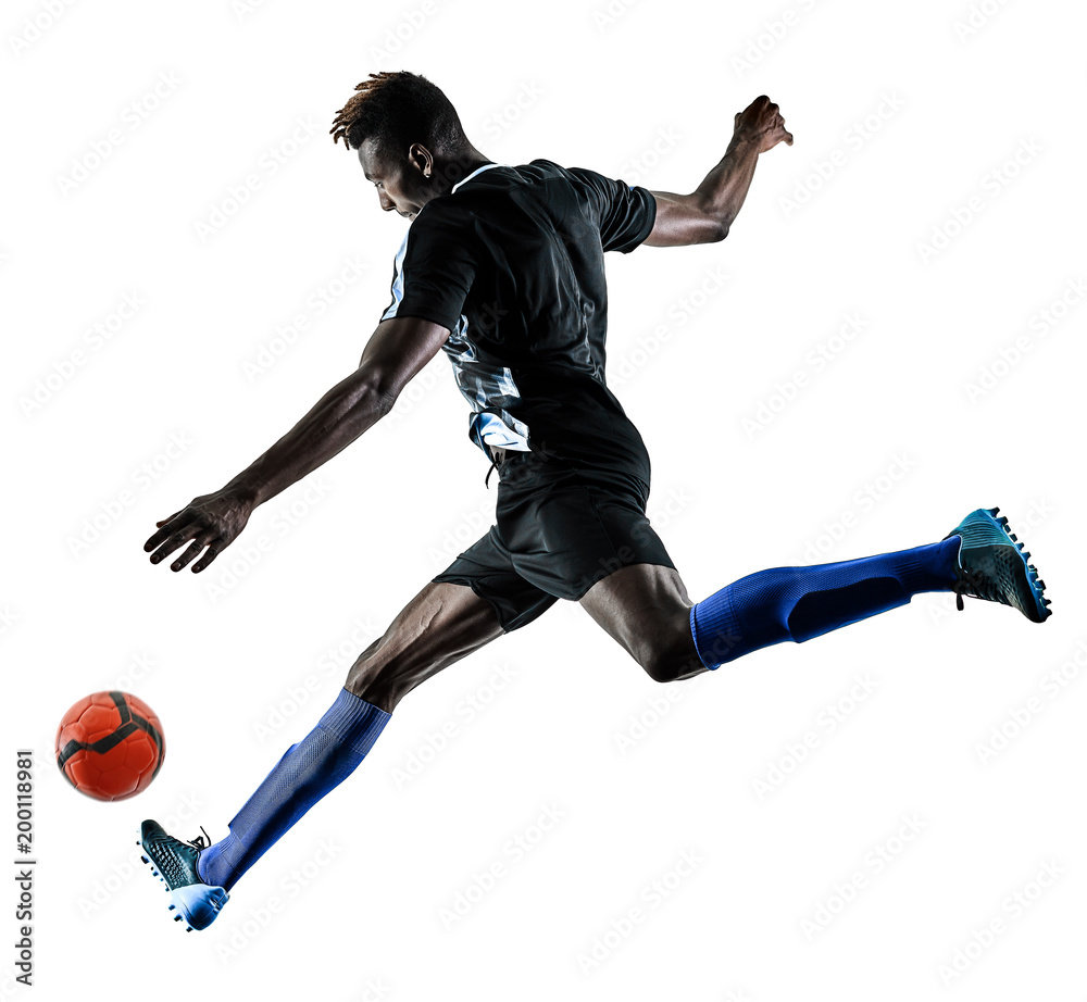 one african soccer player man playing in studio isolated on white ...