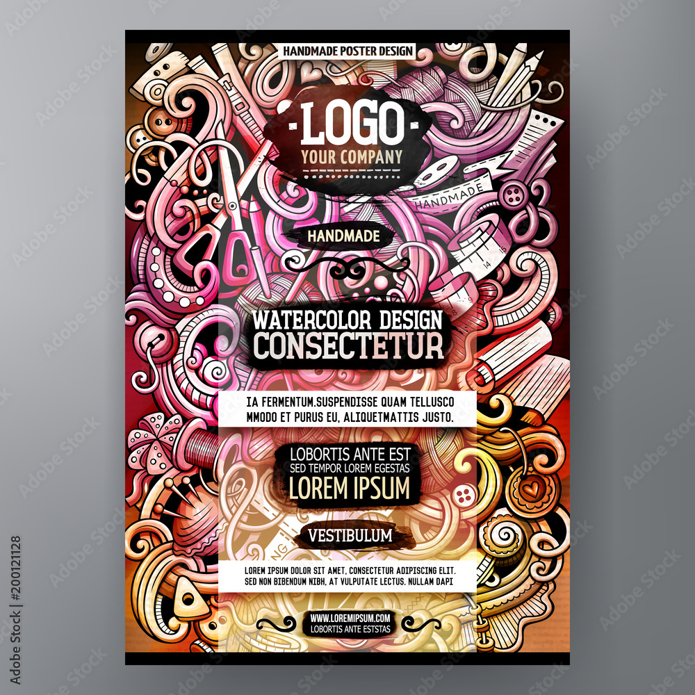 Cartoon watercolor hand drawn doodles Handmade poster design template ...