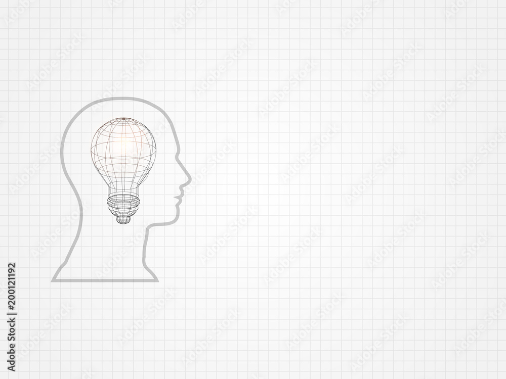 Human model filled in with wireframe lightbulb on grid background ...